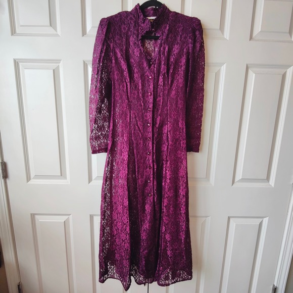 Dana Scott | Dresses | Vintage Plum Lace Maxi Duster Dress Sheer Floral ...